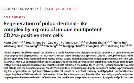 我校华西口腔与生科学院联合在Science Advances发文 发现并鉴定一种新型CD24a+牙髓再生多能干细胞-MDPSCs-四川大学 ...